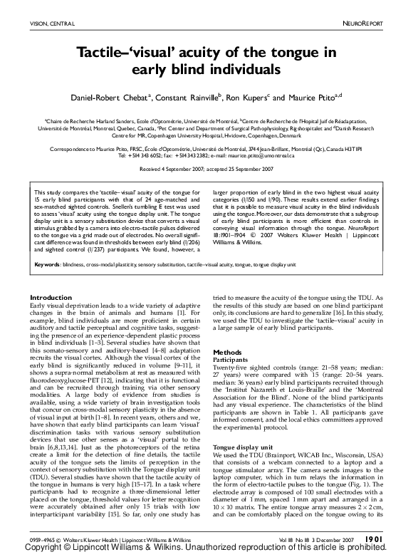(PDF) Tactile–‘visual’ acuity of the tongue in early blind individuals
