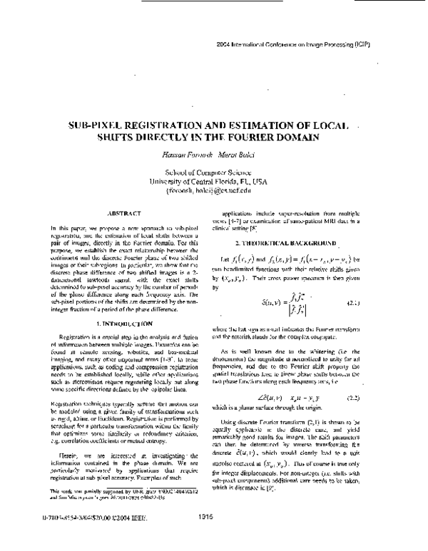 Pdf Sub Pixel Registration And Estimation Of Local Shifts Directly In