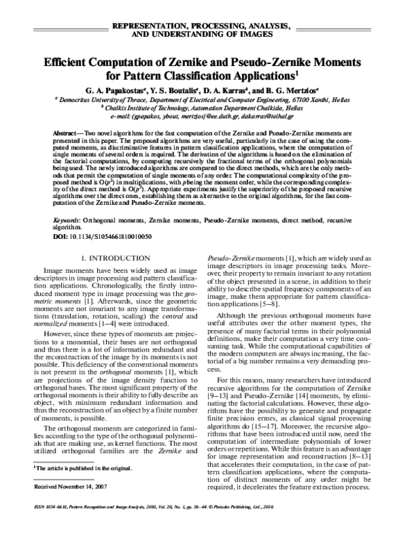 (PDF) Efficient computation of Zernike and Pseudo-Zernike moments for pattern classification ...