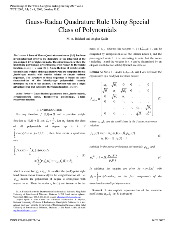 (PDF) Gauss-Radau Quadrature Rule Using Special Class of Polynomials