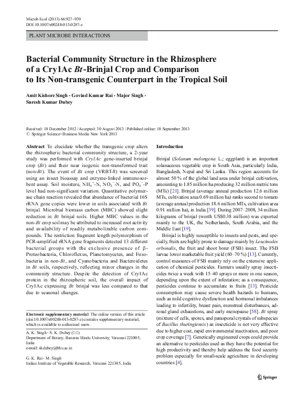 (PDF) Bacterial Community Structure in the Rhizosphere of a Cry1Ac Bt-Brinjal Crop and ...