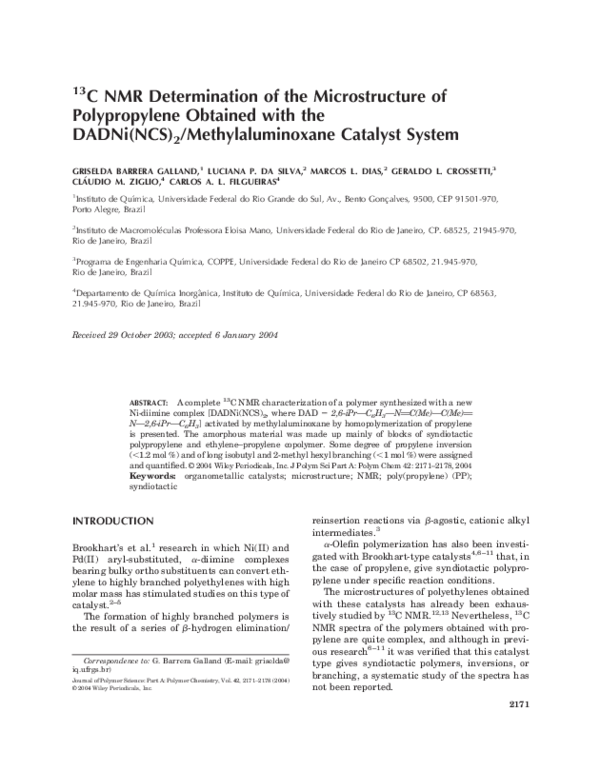 (PDF) 13C NMR determination of the microstructure of polypropylene ...