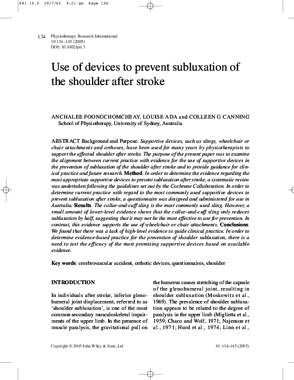 (PDF) Use of devices to prevent subluxation of the shoulder after stroke