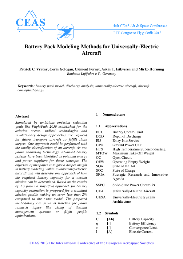 (PDF) Battery Pack Modeling Methods for Universally-Electric Aircraft | Mirko Hornung - Academia.edu