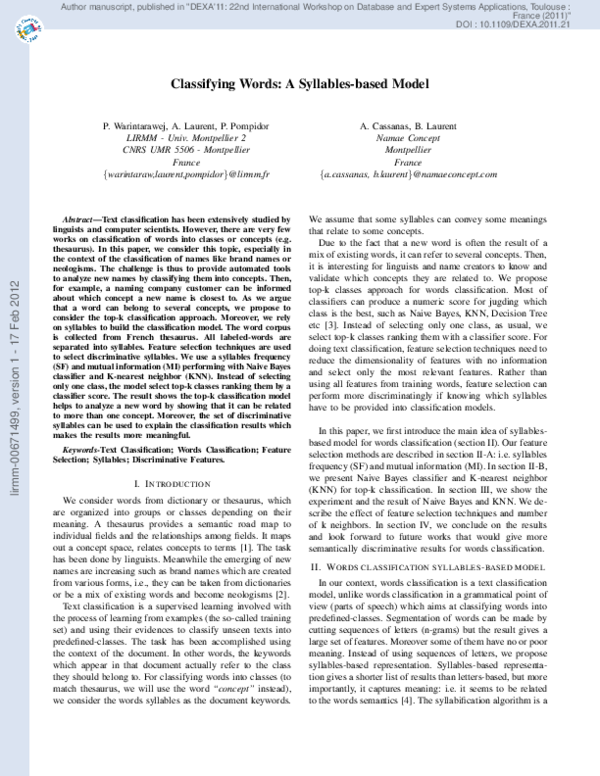 (PDF) Classifying Words: A Syllables-Based Model