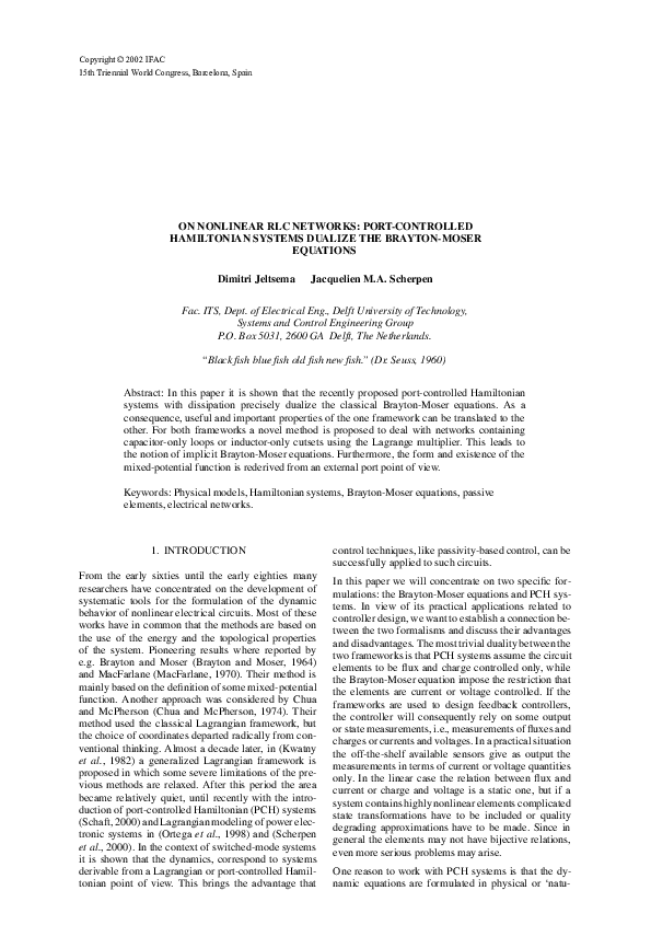 Pdf On Nonlinear Rlc Networks Port Controlled Hamiltonian Systems Dualize The Brayton Moser