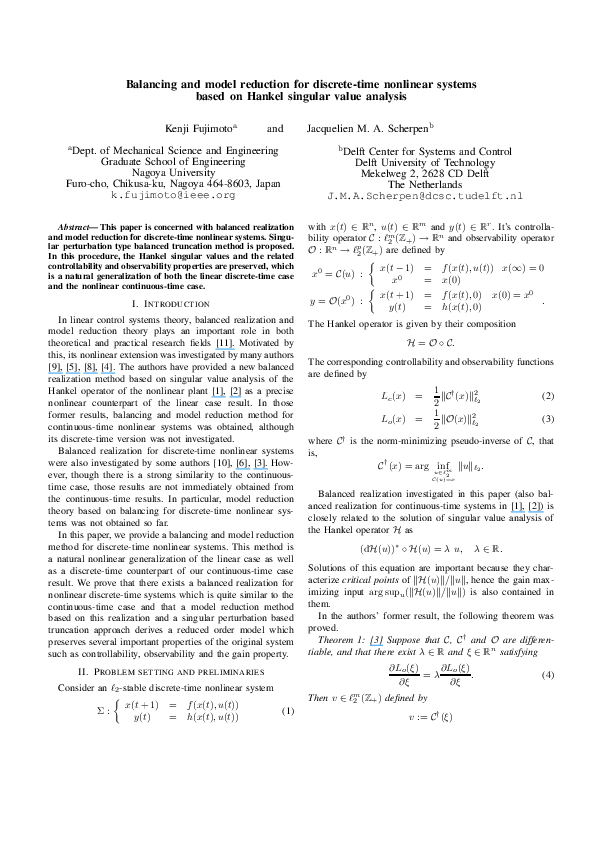 (PDF) Balancing and model reduction for discrete-time nonlinear systems based on Hankel singular ...