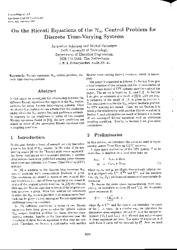(PDF) On the Riccati Equations of the H∞ Control Problem for Discrete Time-Varying Systems