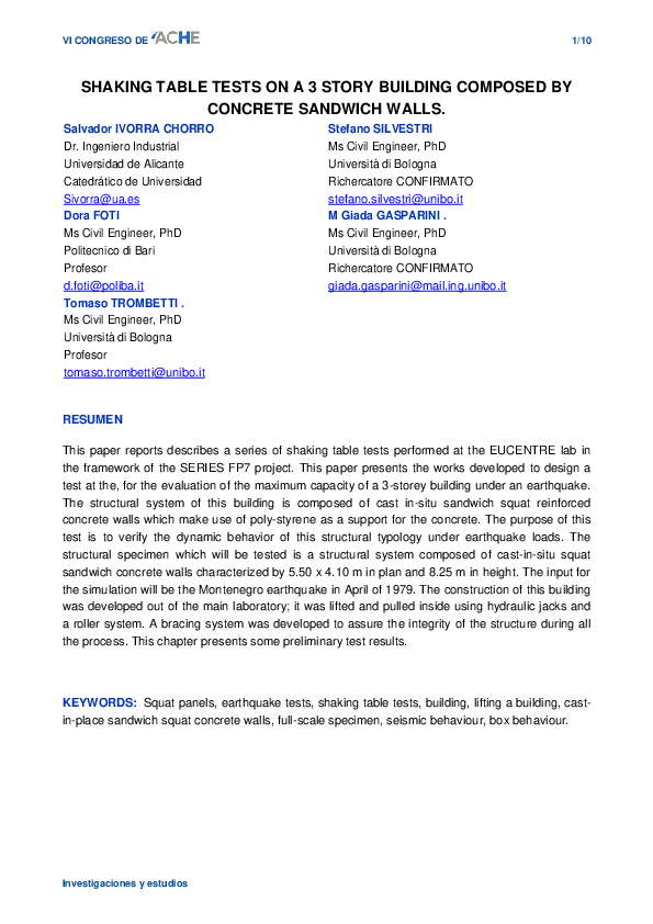(PDF) Shaking Table Tests on a 3 Story Building Composed by Concrete ...
