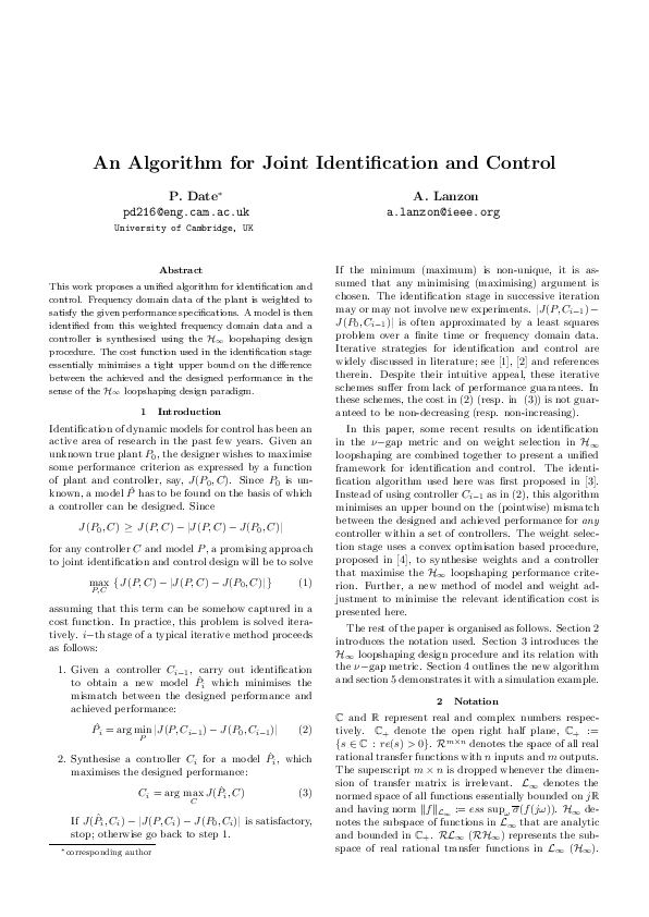 (PDF) An algorithm for joint identification and control