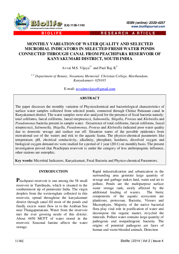 (PDF) MONTHLY VARIATION OF WATER QUALITY AND SELECTED MICROBIAL ...