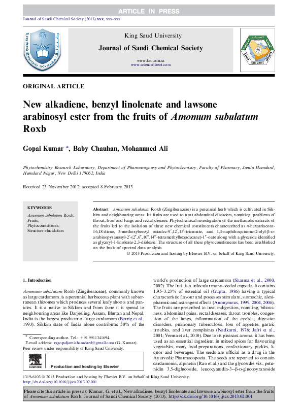 (PDF) New alkadiene, benzyl linolenate and lawsone arabinosyl ester ...