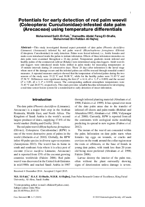 (PDF) Potentials for early detection of red palm weevil (Coleoptera: Curculionidae)-infested ...