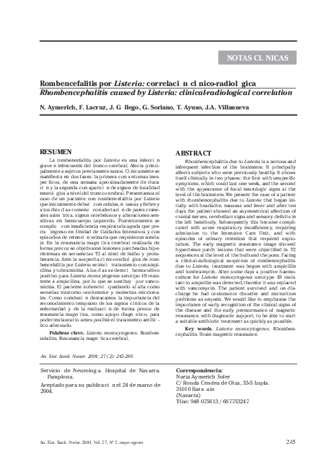(PDF) Rombencefalitis por Listeria: correlación clínico-radiológica