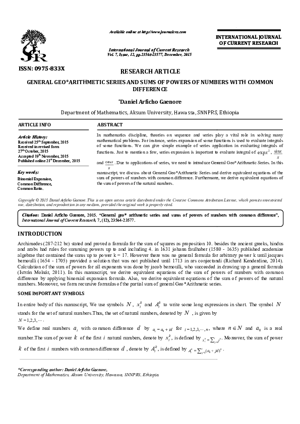 (PDF) GENERAL GEO*ARITHMETIC SERIES AND SUMS OF POWERS OF NUMBERS WITH ...