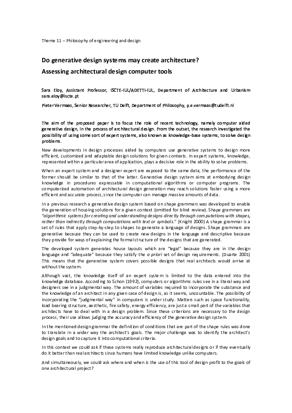 (PDF) Do generative design systems may create architecture? Assessing architectural design ...