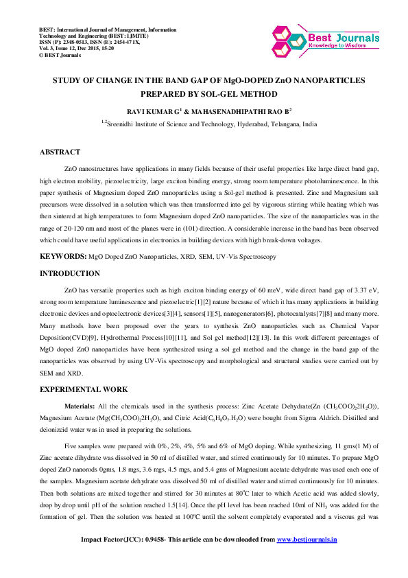 (PDF) STUDY OF CHANGE IN THE BAND GAP OF MgO-DOPED ZnO NANOPARTICLES ...