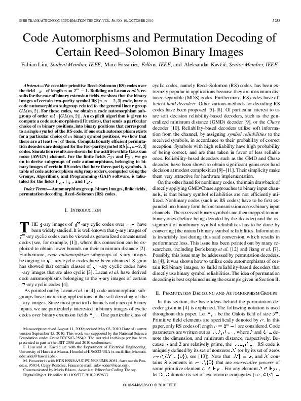 Pdf Code Automorphisms And Permutation Decoding Of Certain Reed