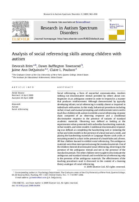 (PDF) Analysis of social referencing skills among children with autism