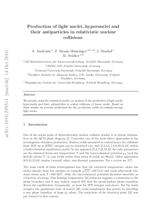 (PDF) Production of light nuclei, hypernuclei and their antiparticles ...