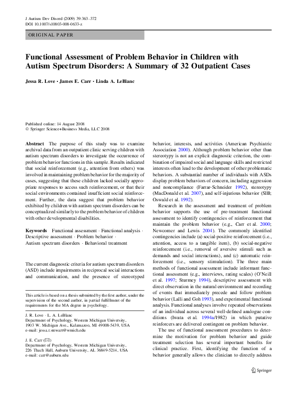 (PDF) Functional Assessment of Problem Behavior in Children with Autism ...