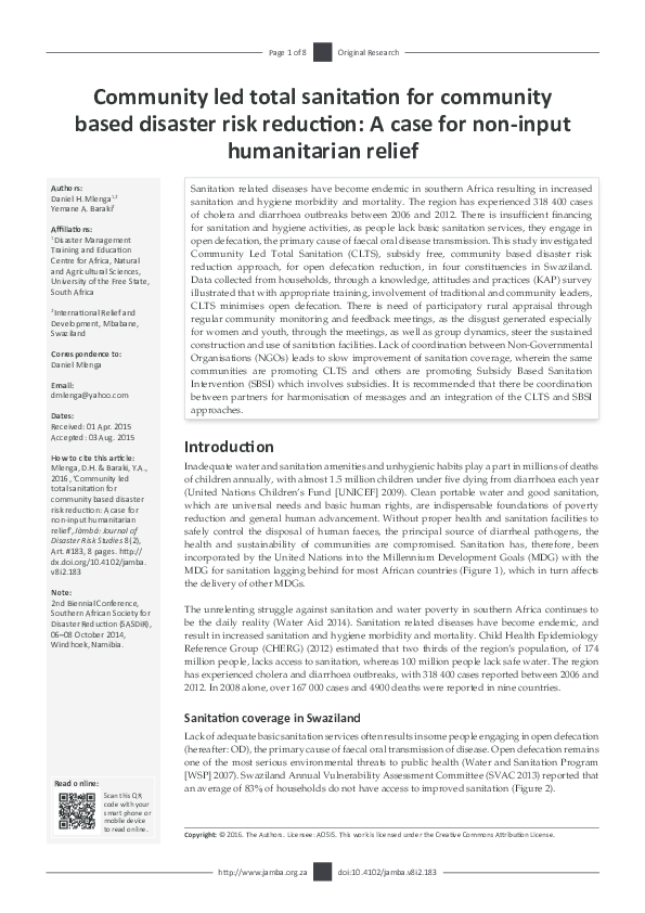 (PDF) Community led total sanitation for community based disaster risk reduction: A case for non ...