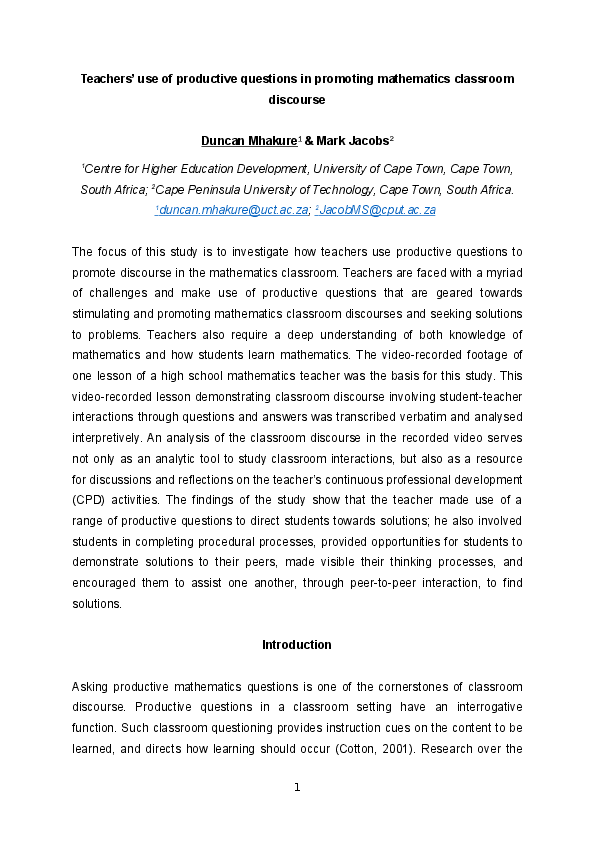 (DOC) Teachers' use of productive questions in promoting mathematics ...
