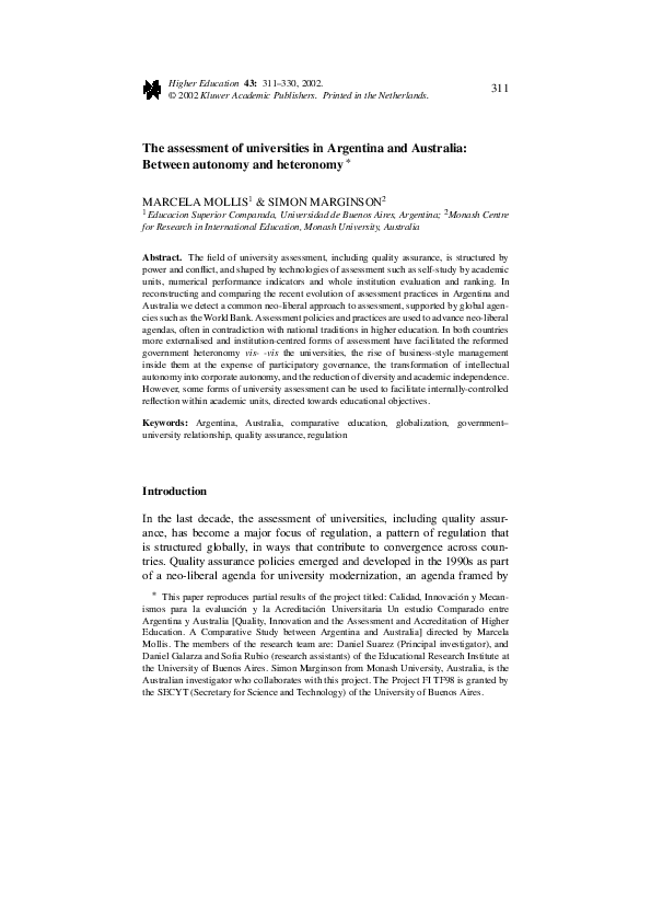 (PDF) The assessment of universities in Argentina and Australia: Between autonomy and heteronomy