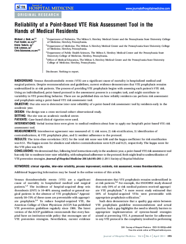 (PDF) Reliability of a point-based VTE risk assessment tool in the ...