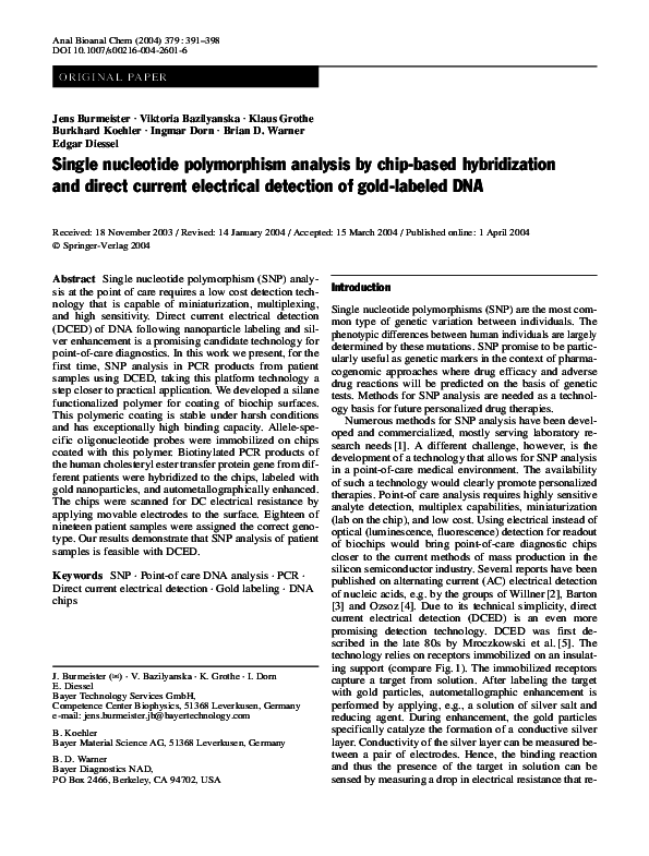 (PDF) Single nucleotide polymorphism analysis by chip-based hybridization and direct current ...