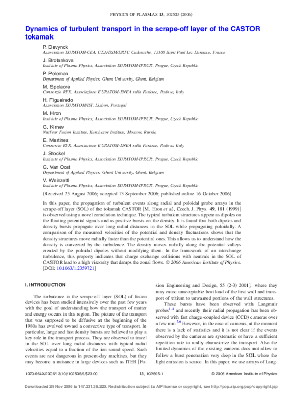 (PDF) Turbulence and transport in the scrape-off layer TCABR tokamak | Luiz Baccalá - Academia.edu