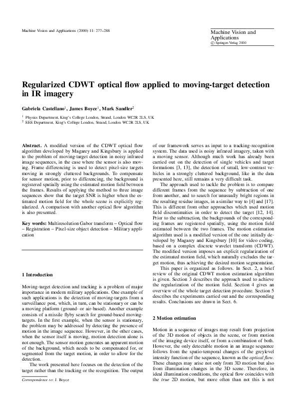 (PDF) Regularized CDWT optical flow applied to moving-target detection in IR imagery