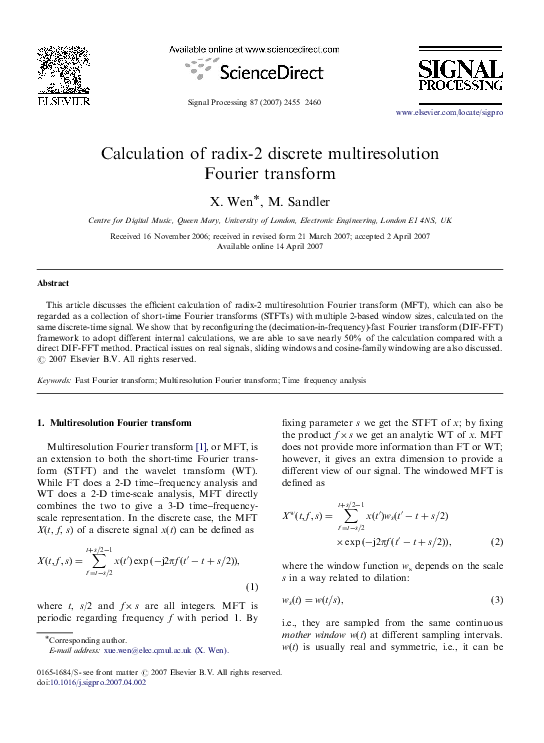 Pdf Calculation Of Radix 2 Discrete Multiresolution Fourier Transform Mark Sandler