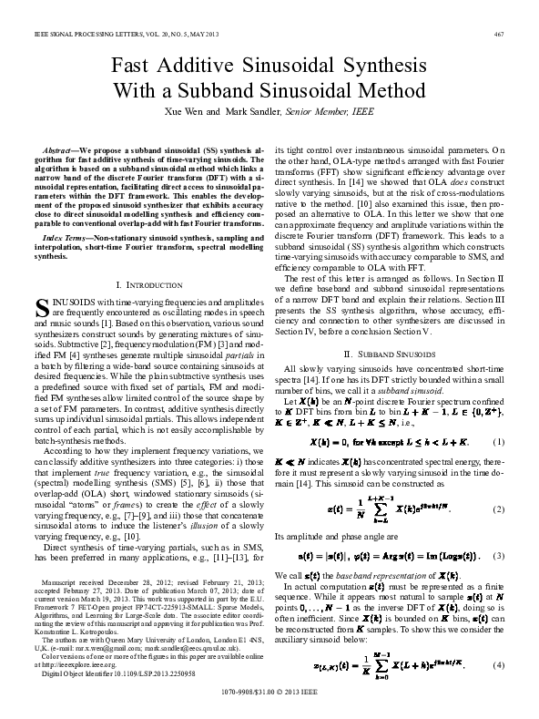 (PDF) Fast Additive Sinusoidal Synthesis With a Subband Sinusoidal Method