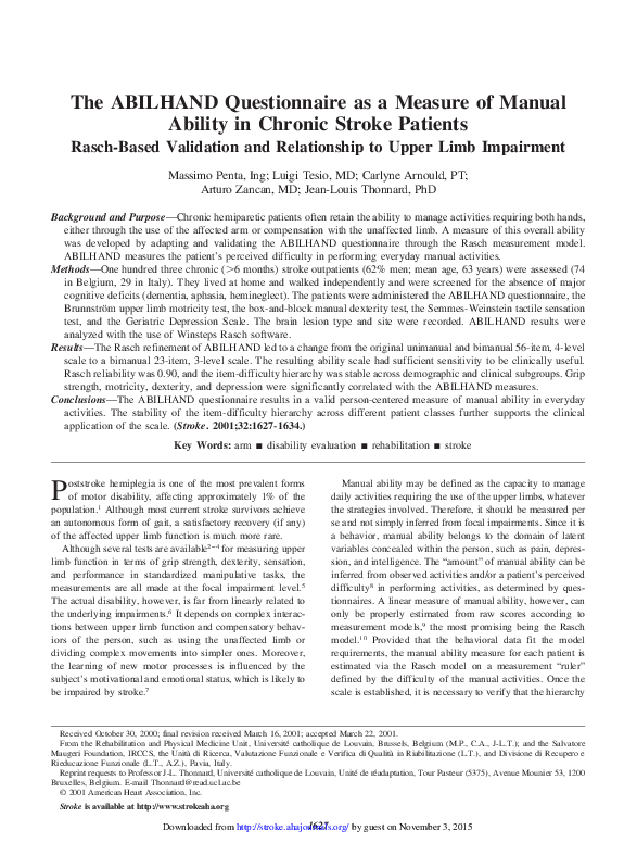 (PDF) The ABILHAND Questionnaire as a Measure of Manual Ability in ...