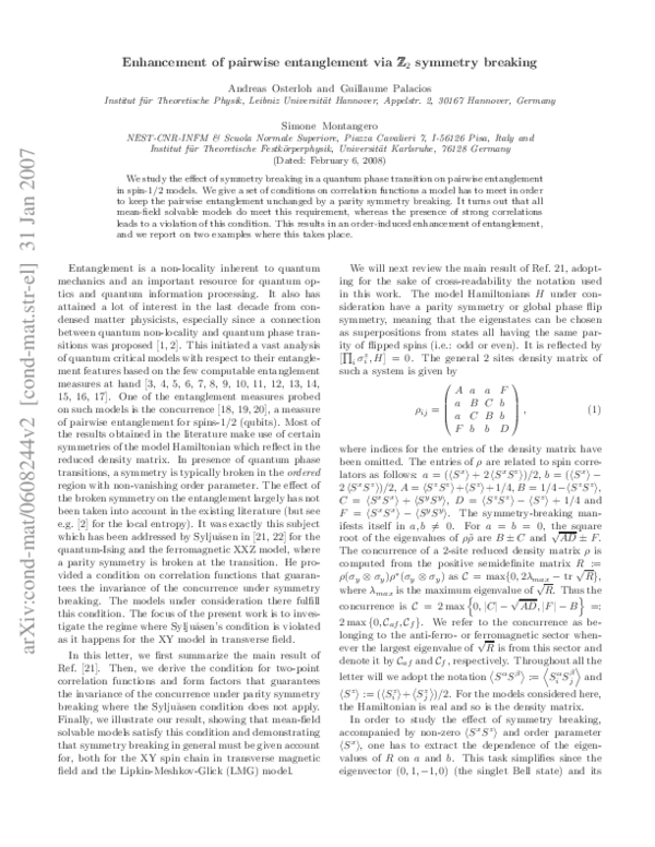 (PDF) Enhancement of Pairwise Entanglement via Z2 Symmetry Breaking ...