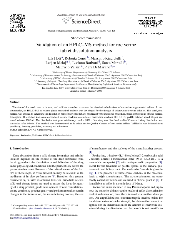 (PDF) Validation of an HPLC–MS method for rociverine tablet dissolution ...