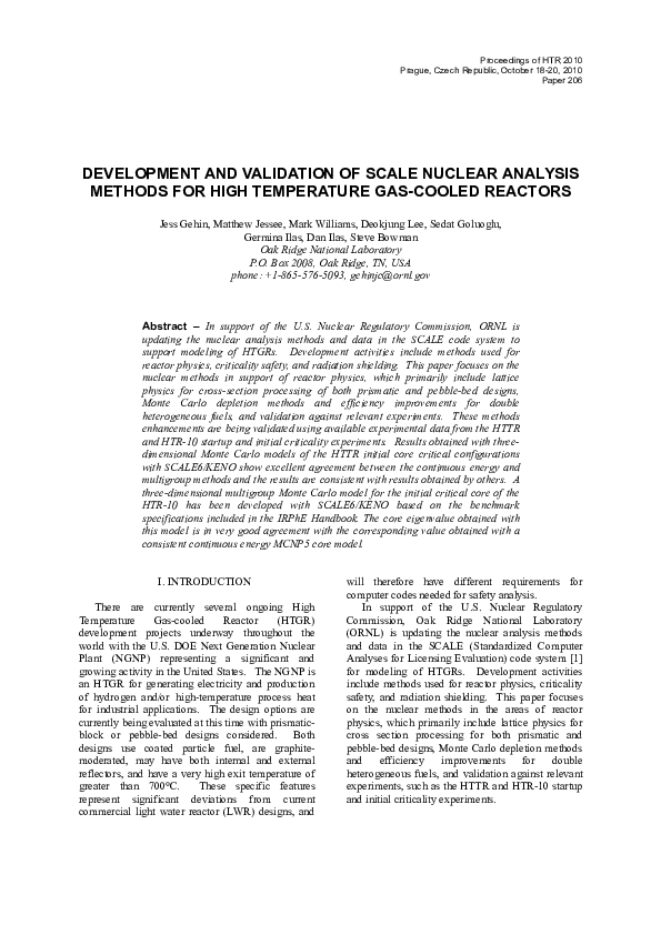 Pdf Development And Validation Of Scale Nuclear Analysis Methods For High Temperature Gas