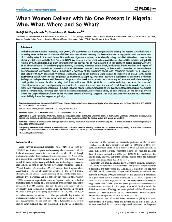 (PDF) When Women Deliver with No One Present in Nigeria: Who, What ...