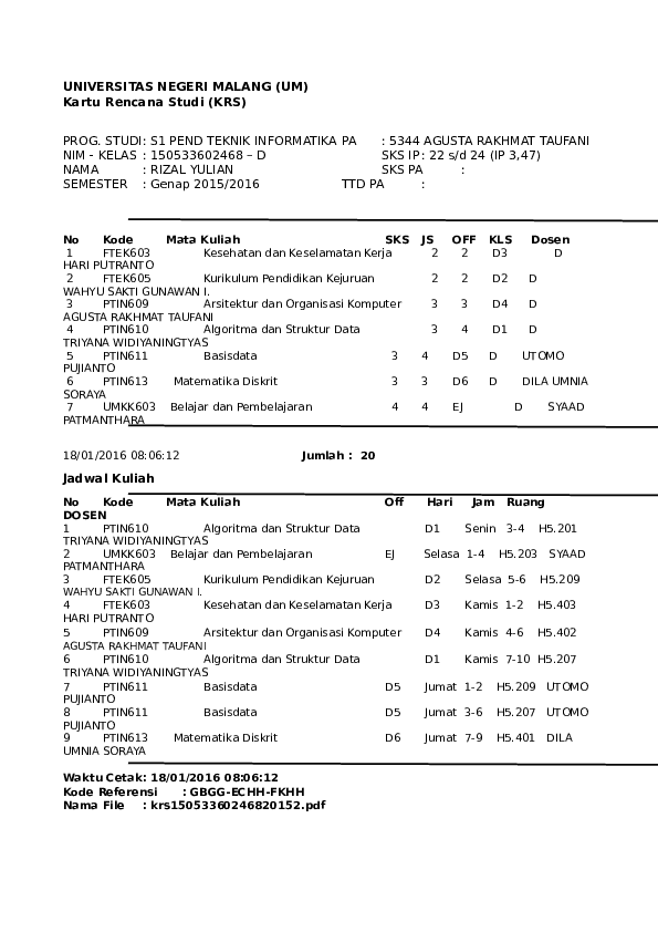 (DOC) UNIVERSITAS NEGERI MALANG (UM) Kartu Rencana Studi (KRS | yusuf effendi - Academia.edu