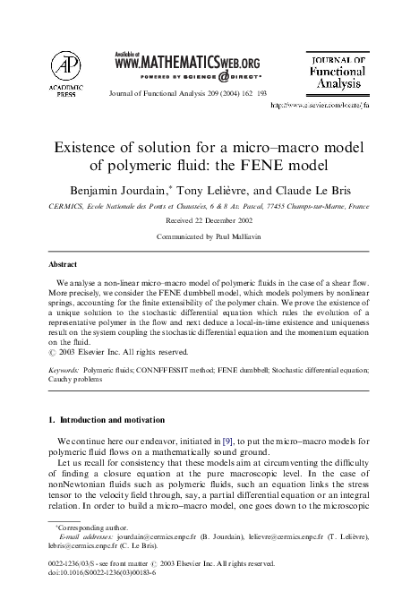 (PDF) Existence of solution for a micro–macro model of polymeric fluid: the FENE model
