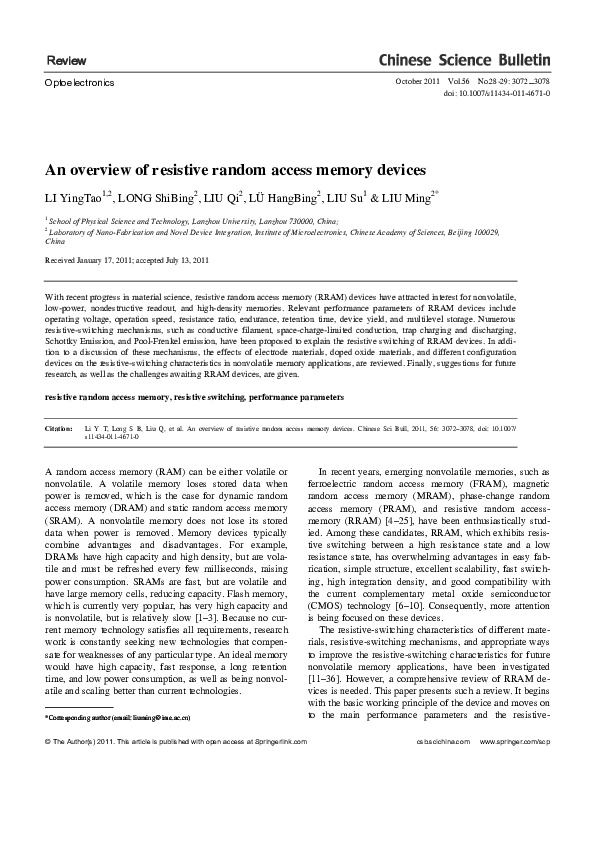 Pdf An Overview Of Resistive Random Access Memory Devices