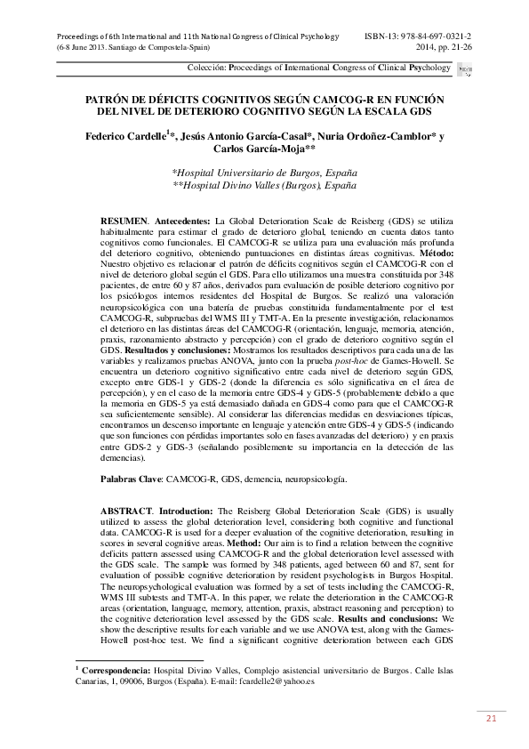 (PDF) PATRÓN DE DÉFICITS COGNITIVOS SEGÚN CAMCOG-R EN FUNCIÓN DEL NIVEL ...