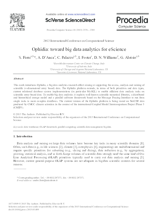 (PDF) Ophidia: Toward Big Data Analytics for eScience