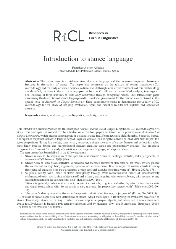 (PDF) Special issue “Studies on stance language” of Research in Corpus ...