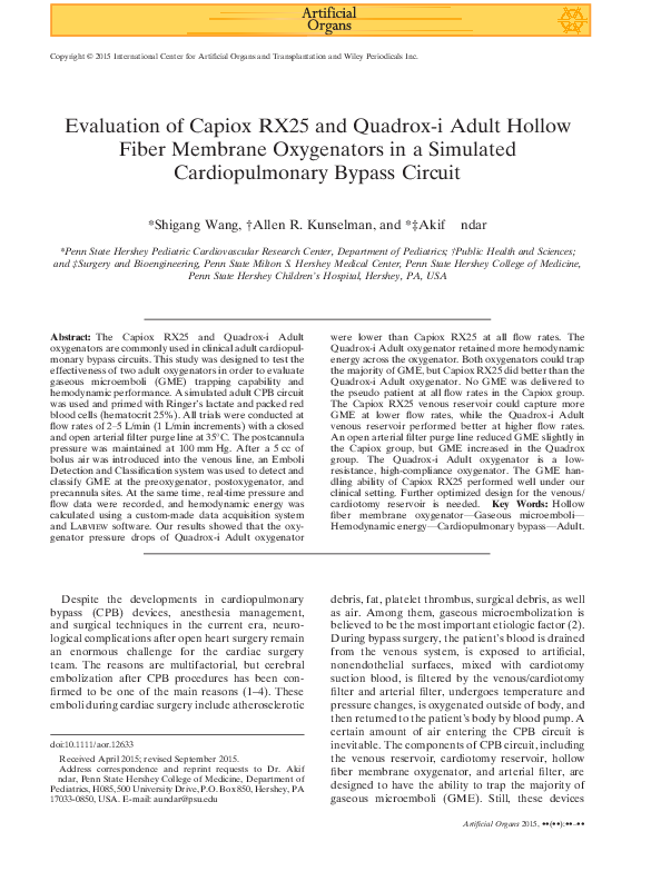 (PDF) Evaluation of Capiox RX25 and Quadrox-i Adult Hollow Fiber ...