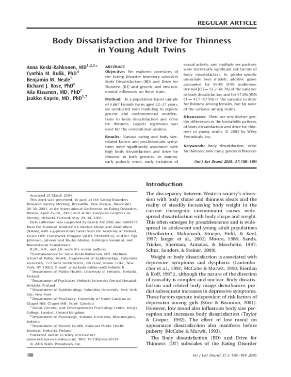 (PDF) Body dissatisfaction and drive for thinness in young adult twins