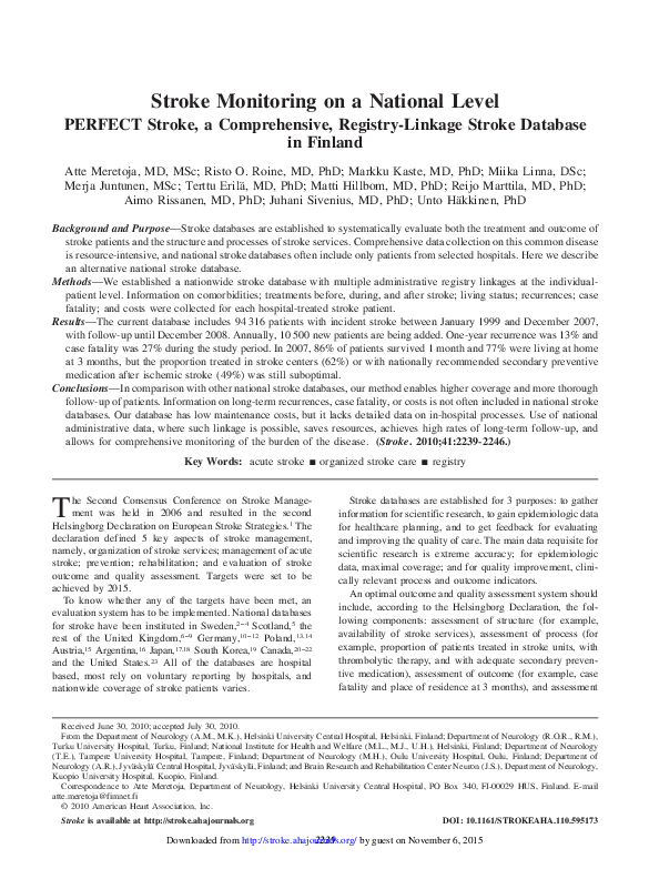 (PDF) Stroke monitoring on a national level: PERFECT Stroke, a ...