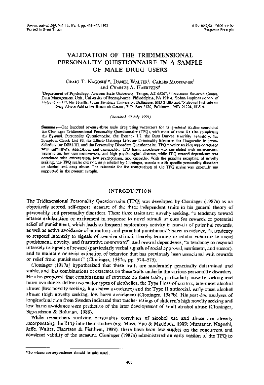 (PDF) Validation of the tridimensional personality questionnaire in a ...