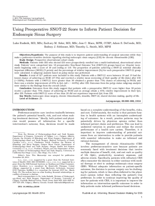 (PDF) Using preoperative SNOT-22 score to inform patient decision for Endoscopic sinus surgery